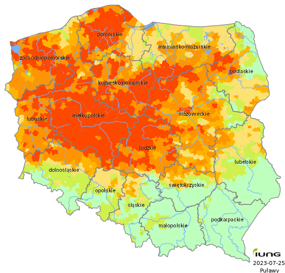 SMSR - Mapy zagrożenia suszą 2023-05-21 - 2023-07-20 Zboża ozime