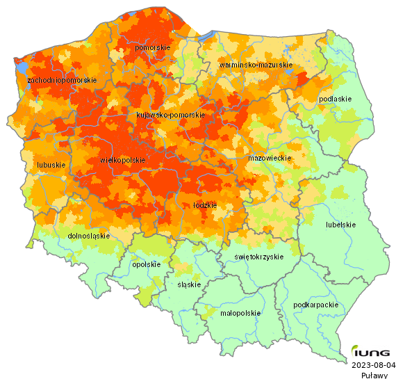 SMSR - Mapy zagrożenia suszą Zasięg maksymalny Drzewa owocowe